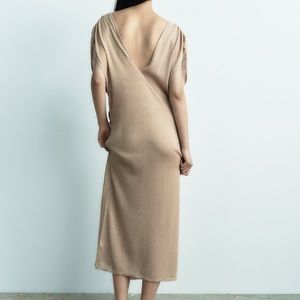 Zara | Dresses | Zara Linen Blend Ruched Knit Midi Dress Sand Color Nwt ...